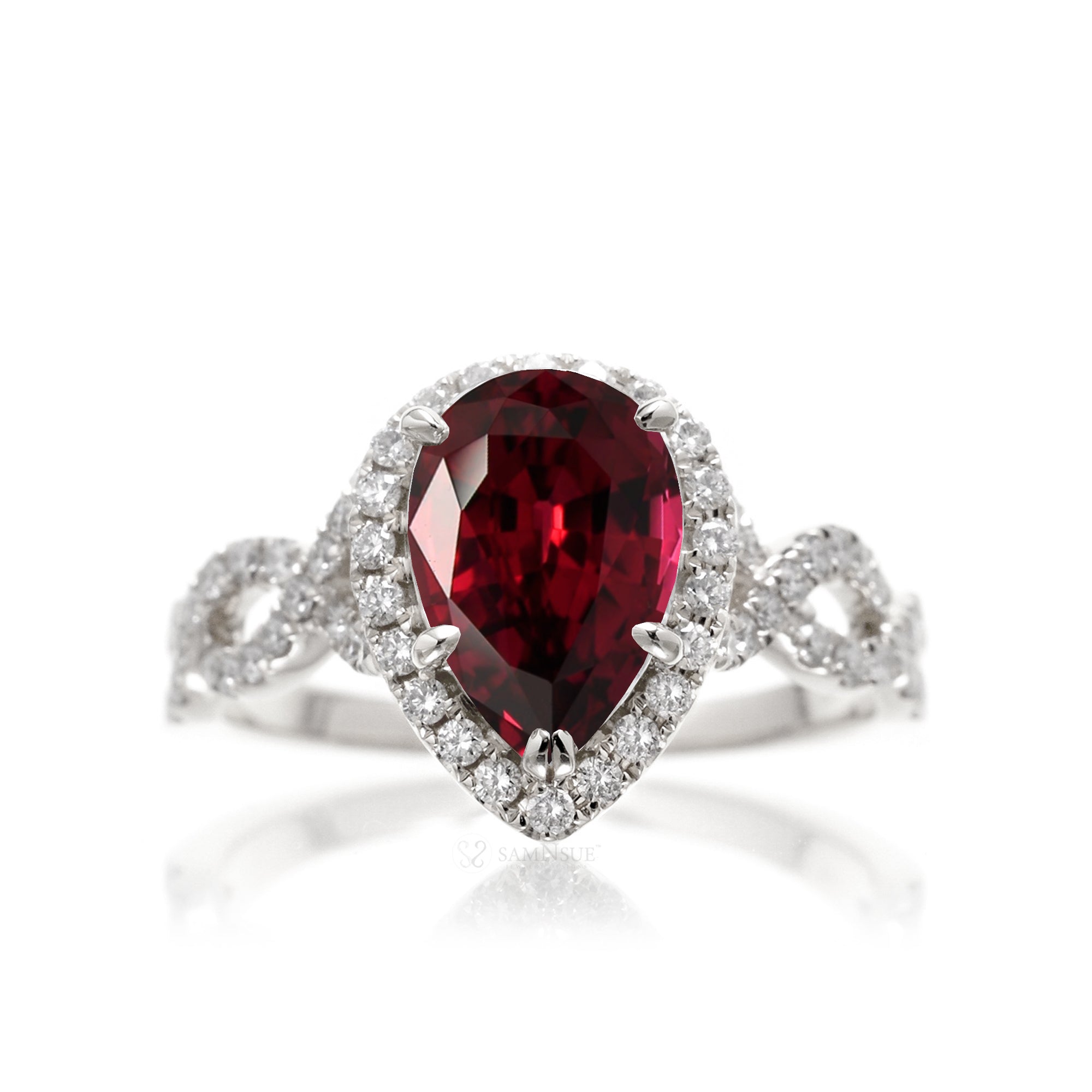 The Rosy Pear Red Ruby Ring Diamond Halo Twist Band
