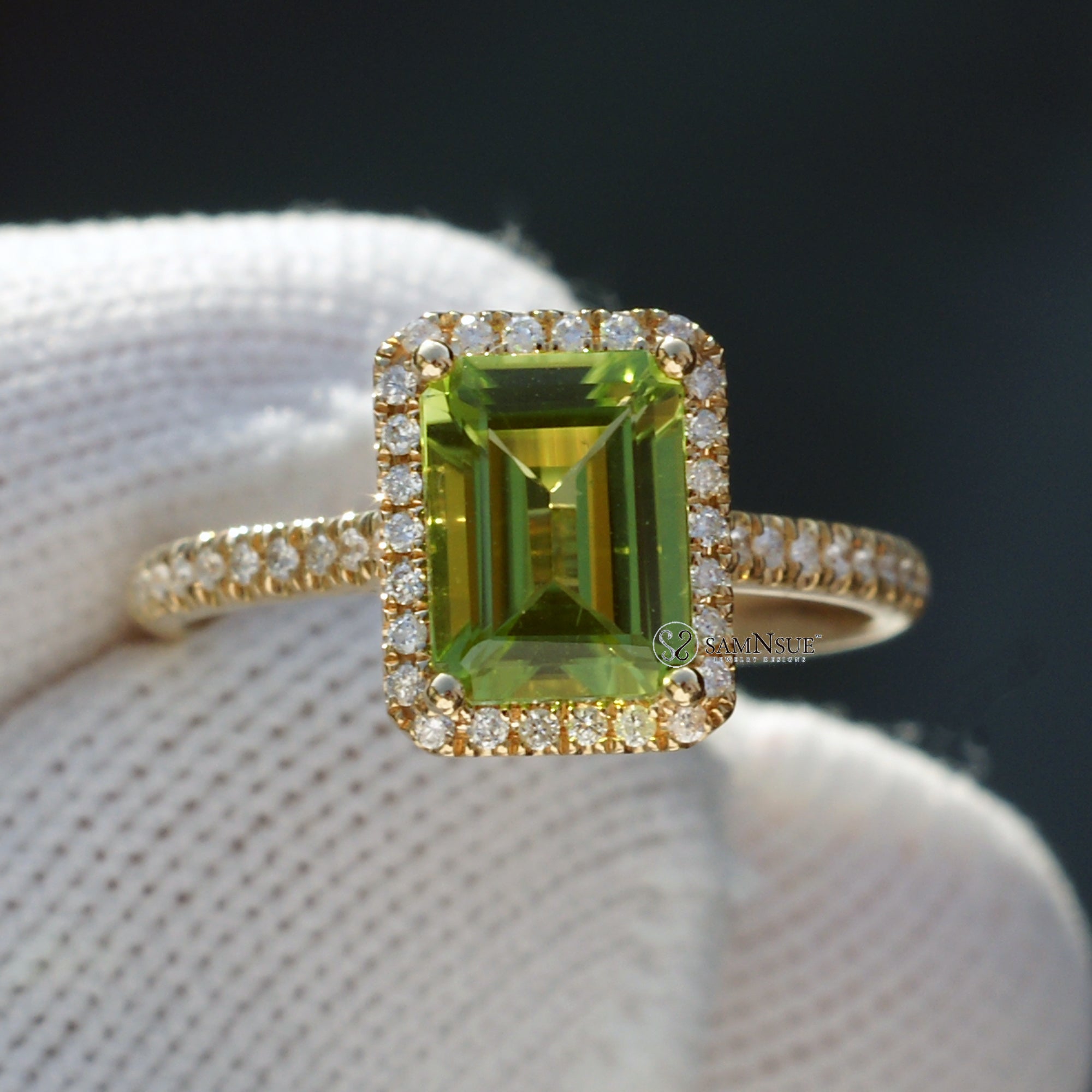Petite Halo Emerald Cut Peridot Ring