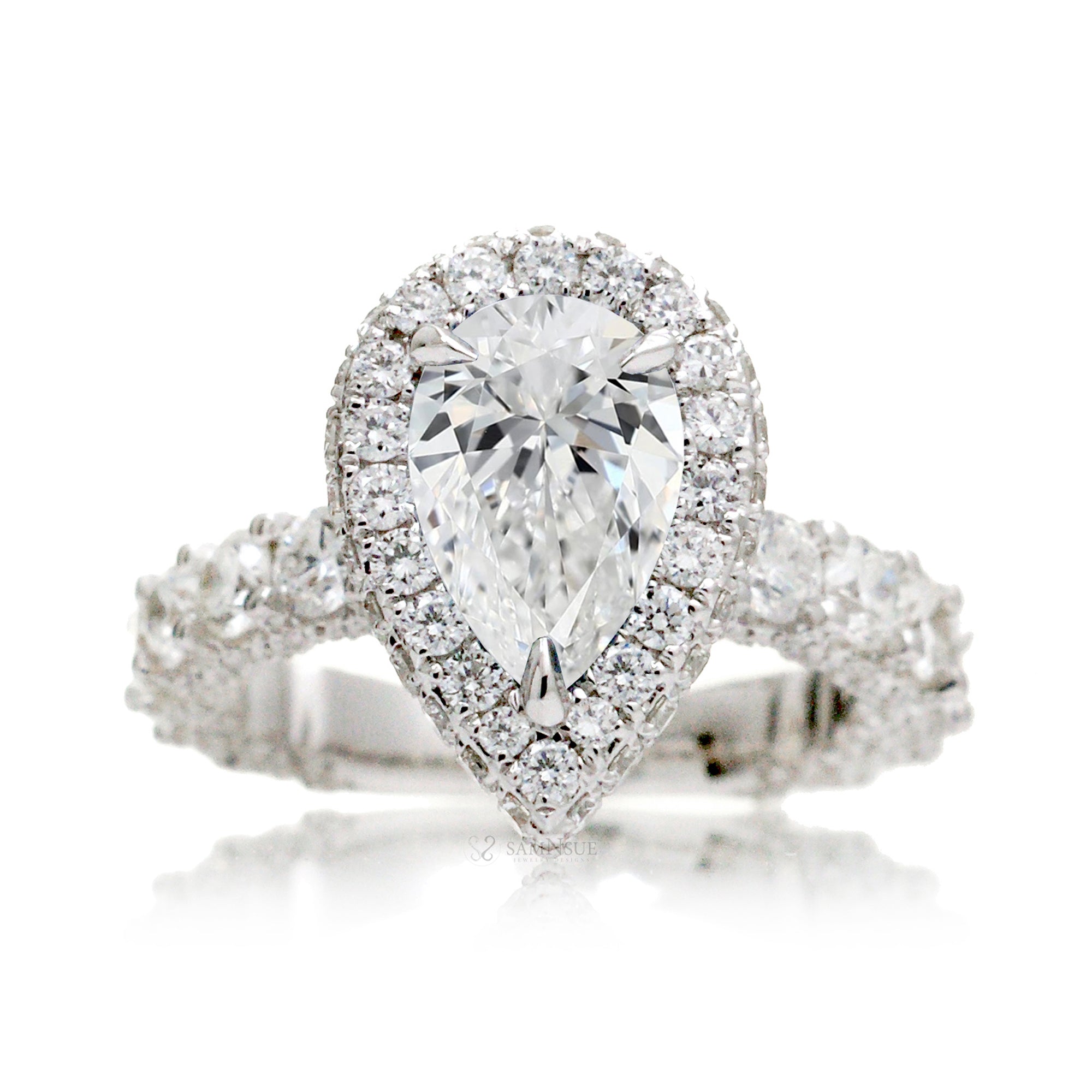 Pear moissanite engagement ring double halo u prong bands - The Florence