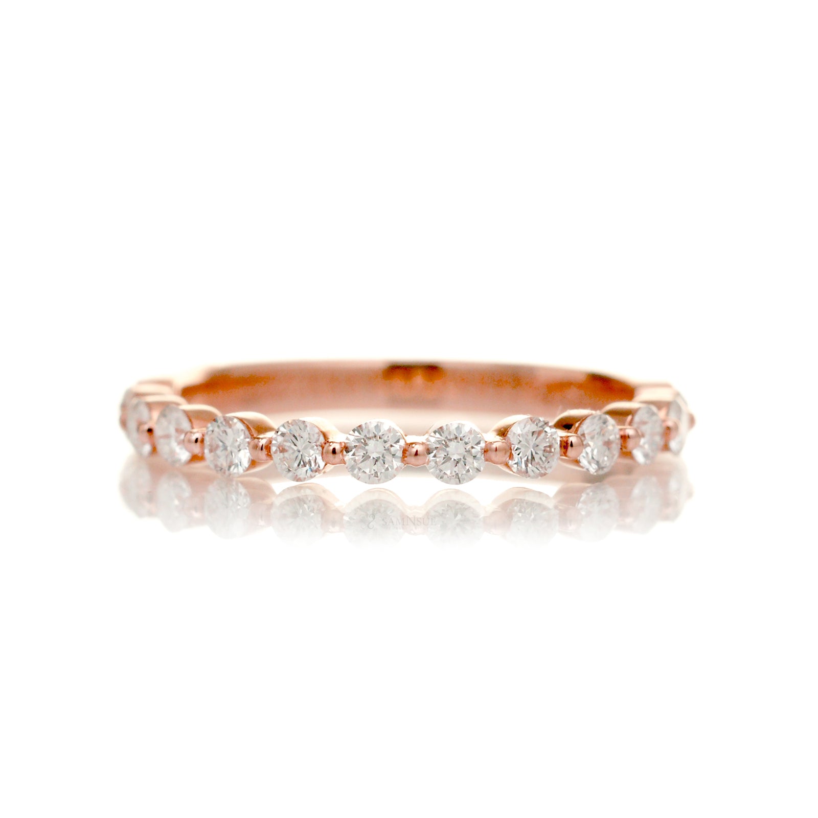 Floating Round Diamond Wedding Band Shared Prongs