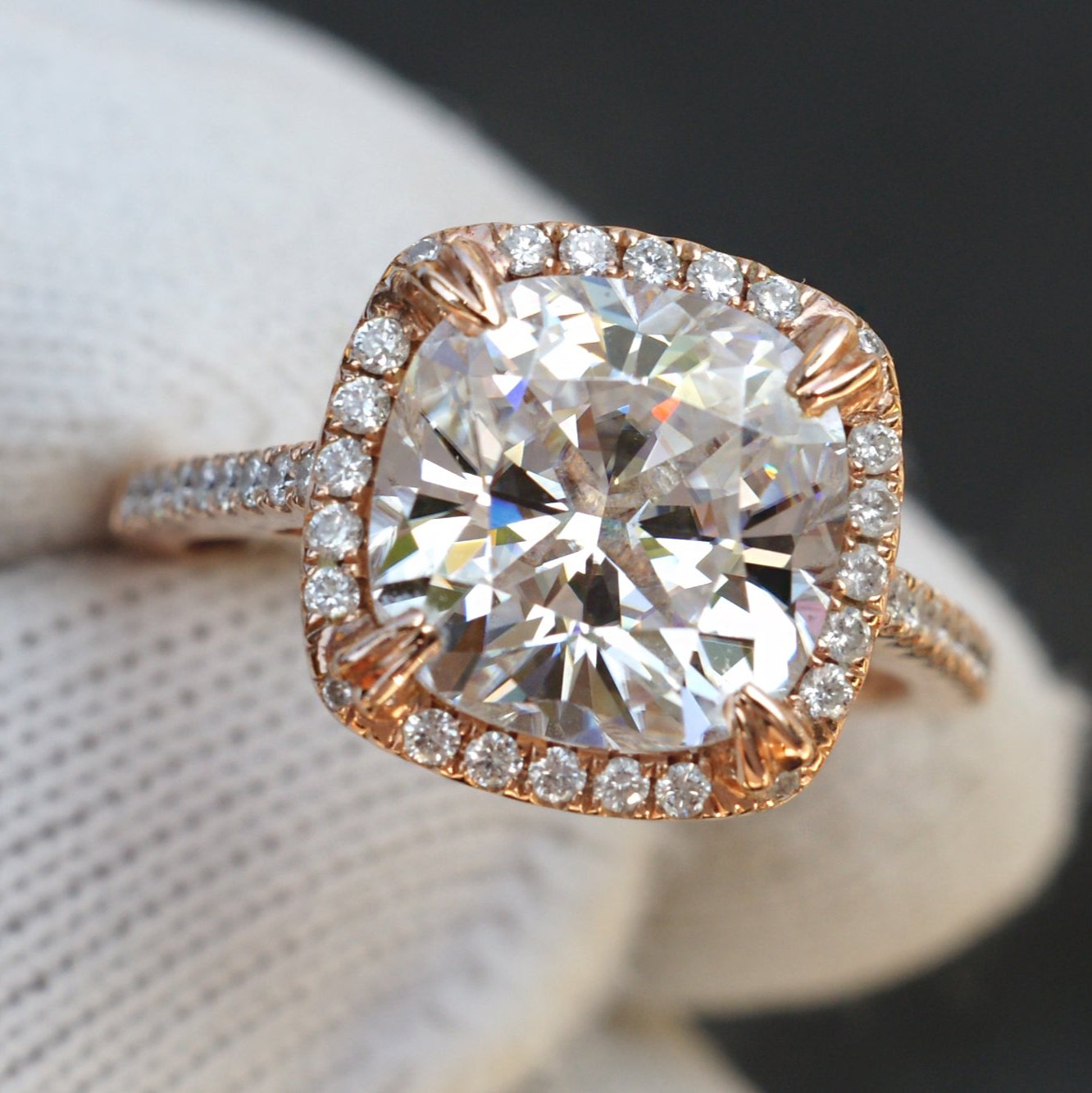 Cushion Cut 10x10mm Moissanite engagement ring diamond halo and band