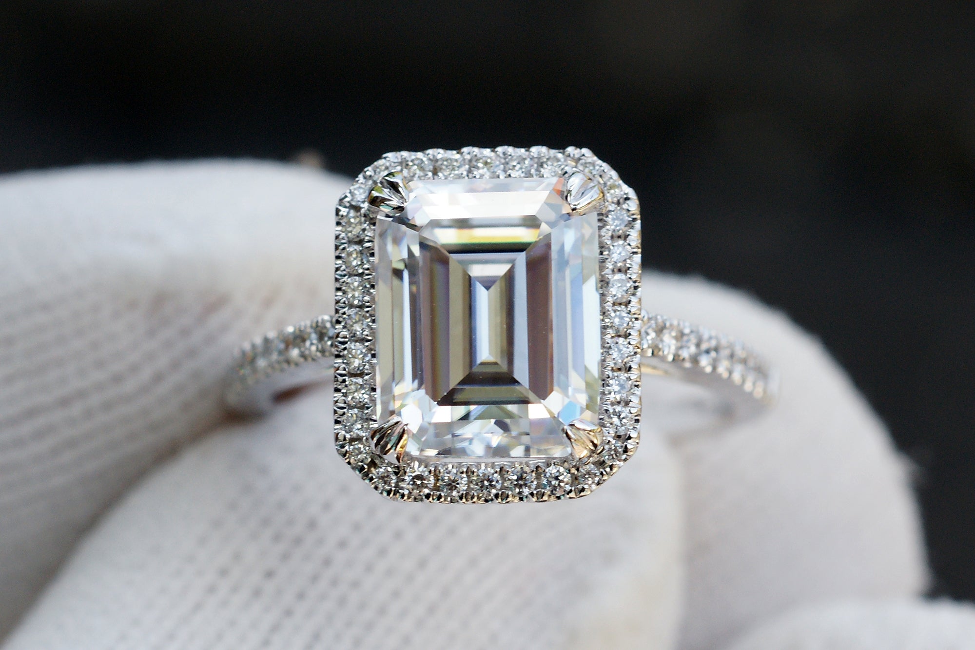 Moissanite engagement ring with diamond halo and band 18k white gold in ...