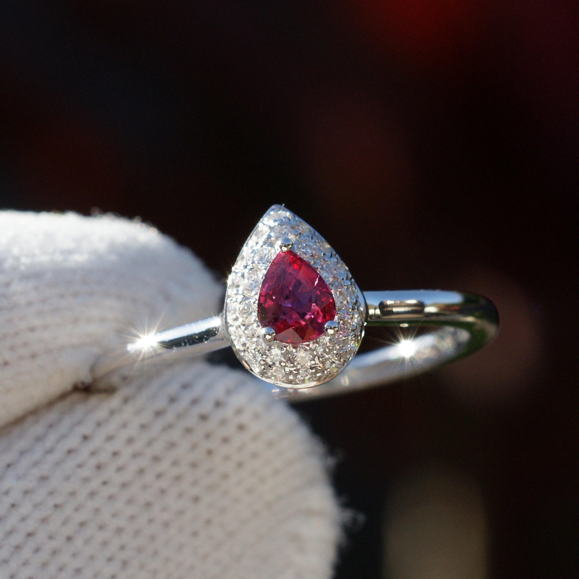 The Ophelia Pear Ruby Diamond Pave Halo Promise Engagement Ring