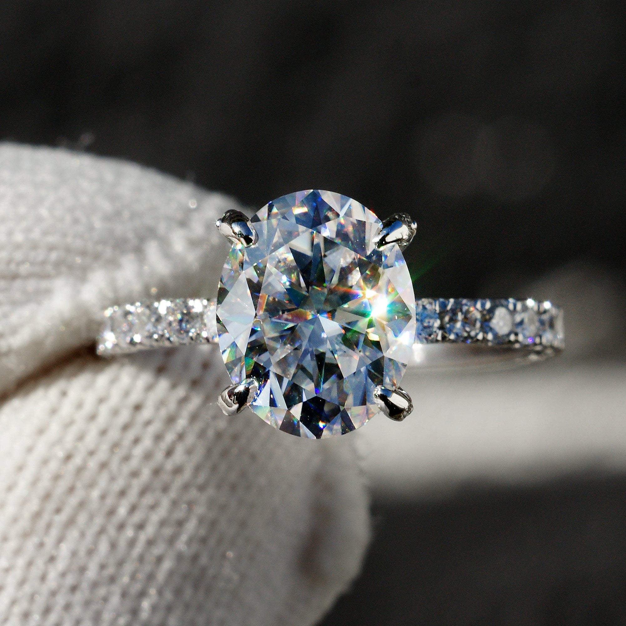 The French Pavé Oval Moissanite Solitaire Ring 10x8 White Gold