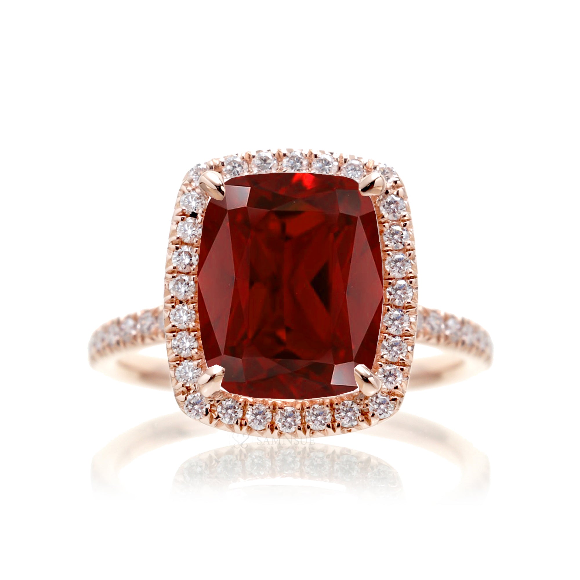 The Caitlin Cushion Lab Grown Ruby Engagement Ring Diamond Halo