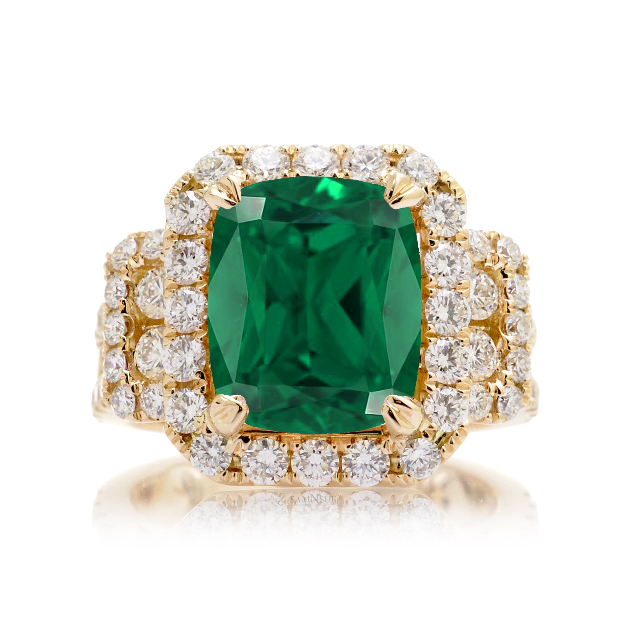 Cushion Cut Emerald Ring with Diamond Halo and Triple Row Diamond Band