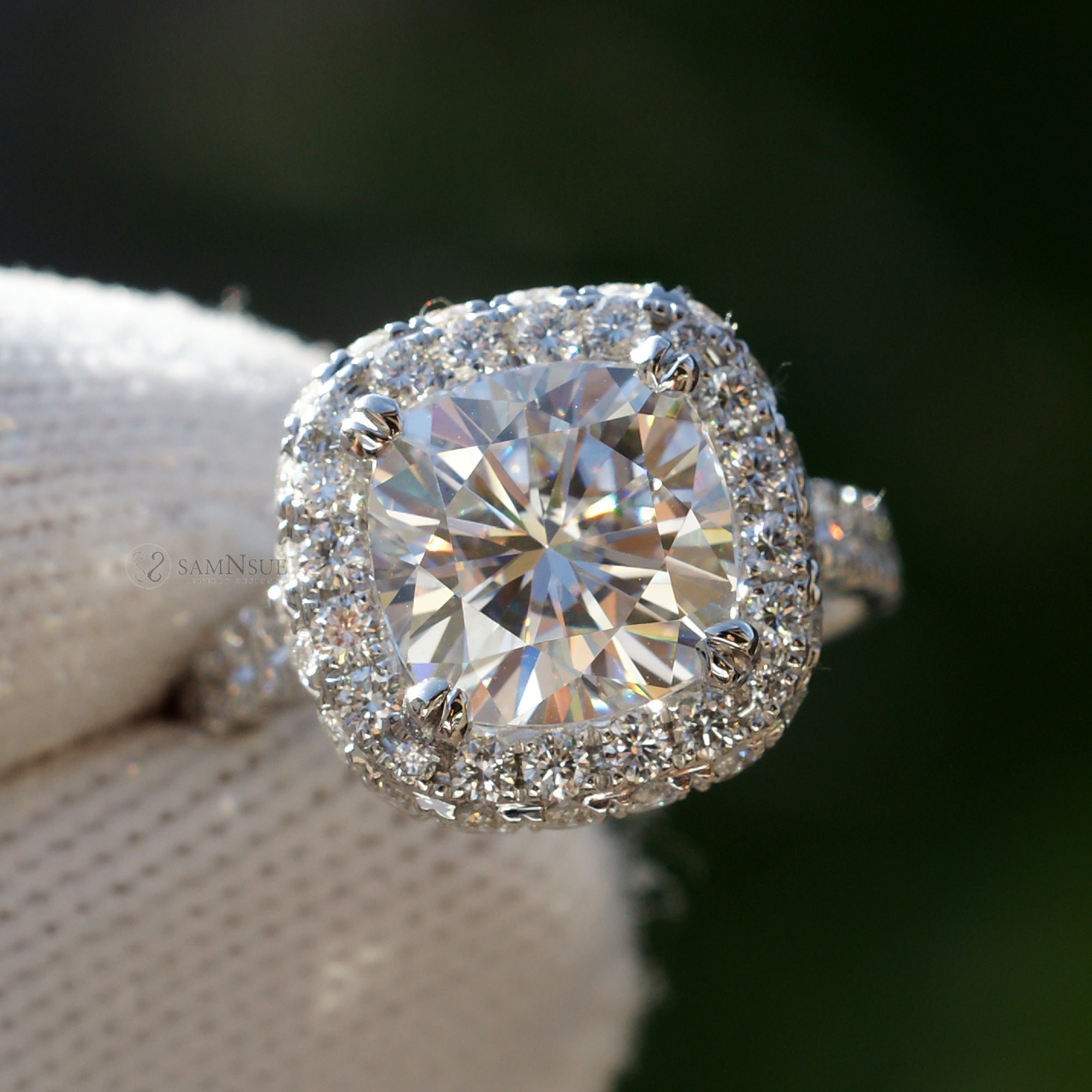 The Gianna Cushion Moissanite Ring Three Dimensional Diamond Halo