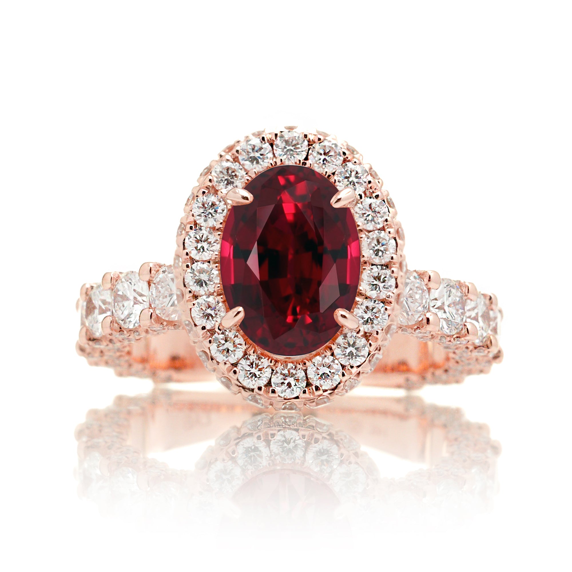 Oval ruby and diamond engagement ring double halo u prong bands - The ...