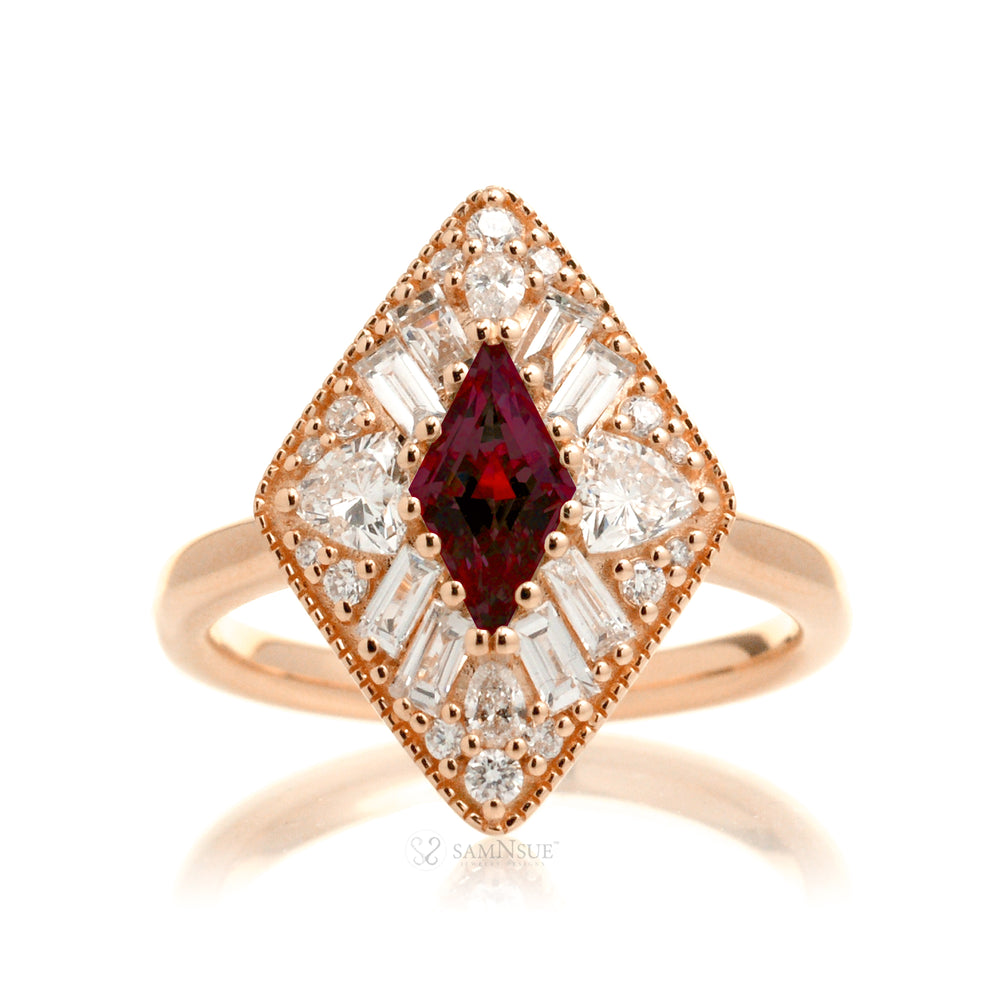 The Eloise Kite Red Ruby And Diamond Halo Vintage Style Ring