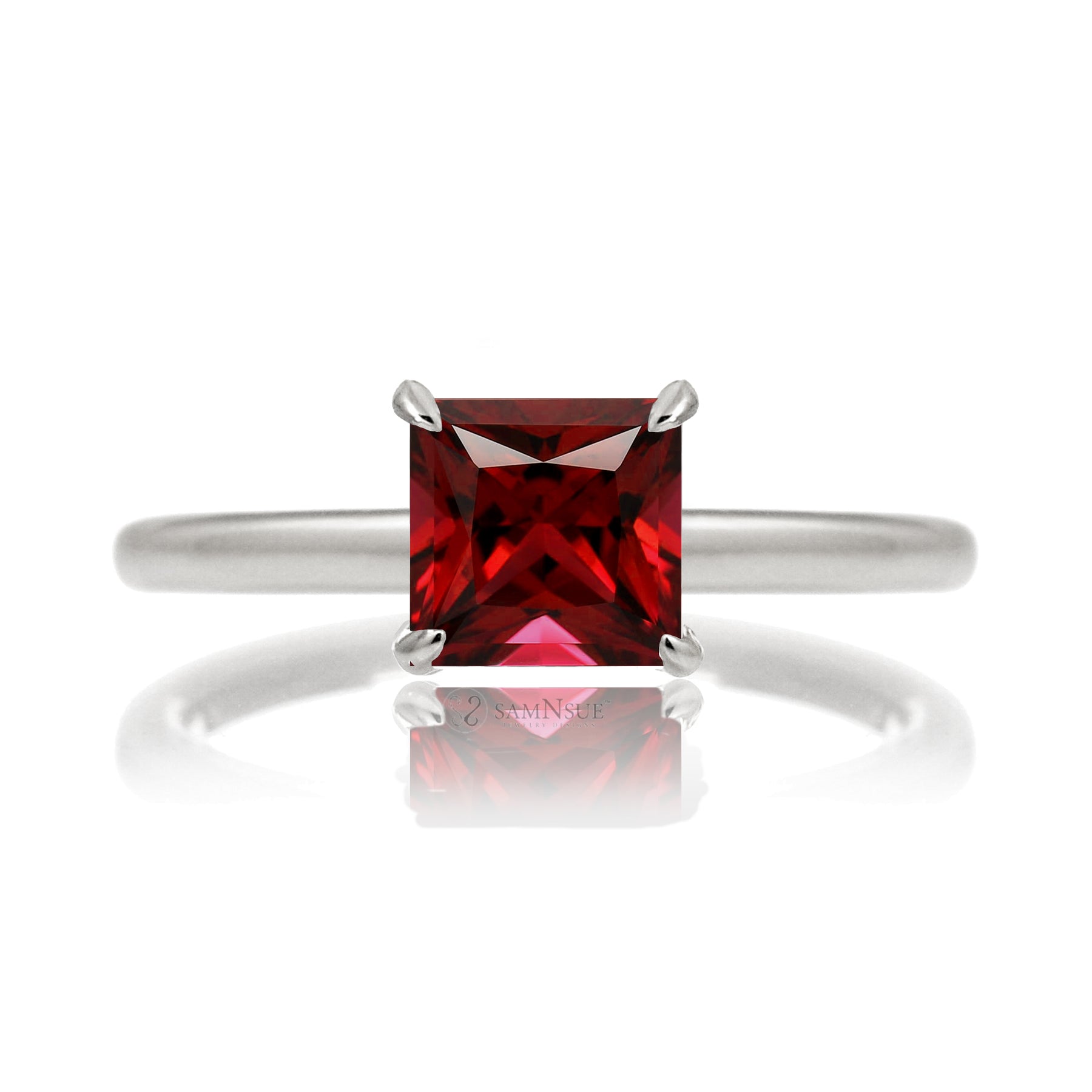 Princess Cut Ruby Engagement Ring Solitaire Hidden Diamond Accent