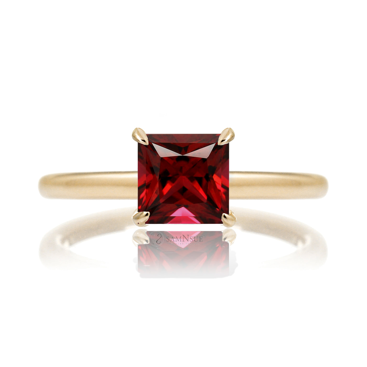 Princess Cut Ruby Engagement Ring Solitaire Hidden Diamond Accent