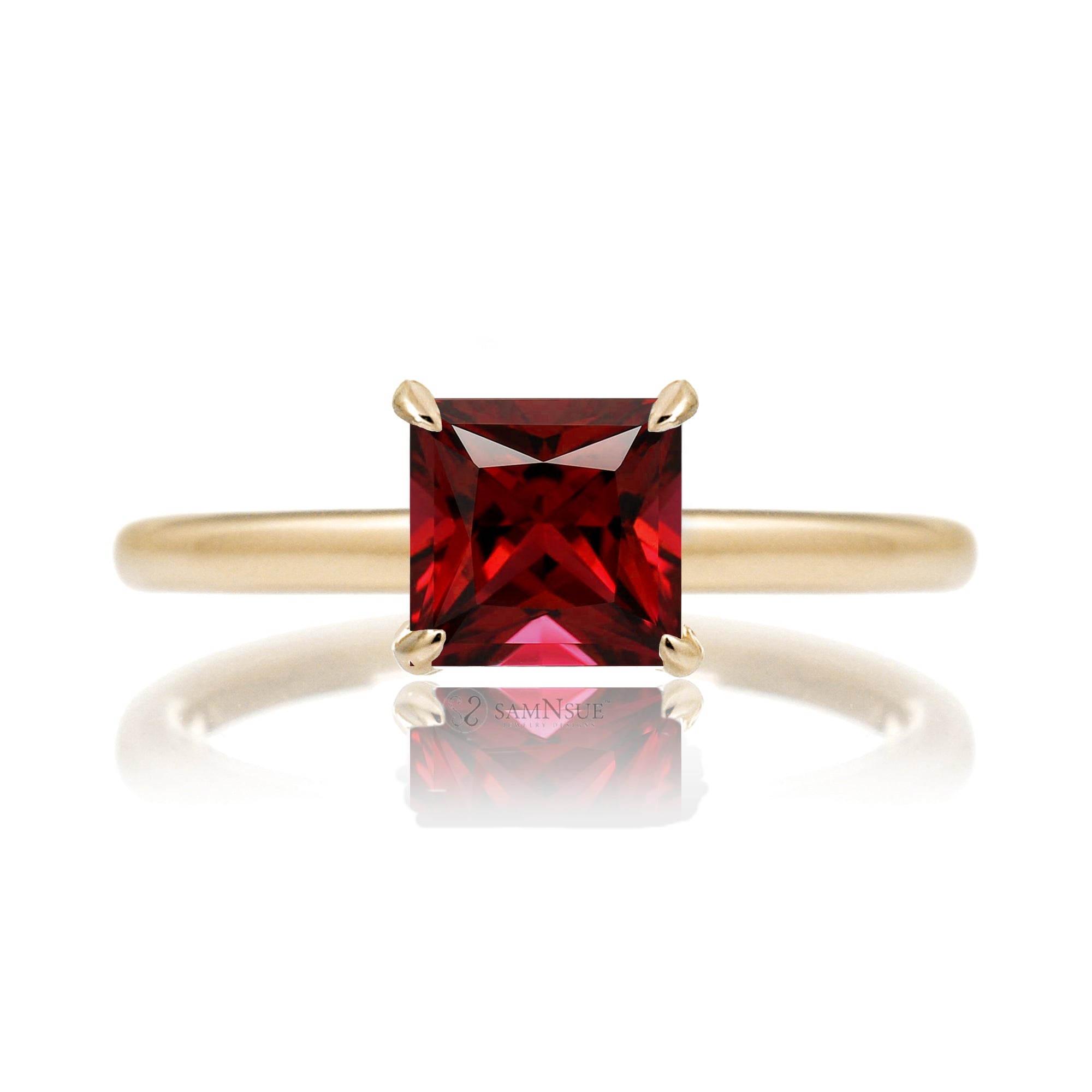 Princess Cut Ruby Engagement Ring Solitaire Hidden Diamond Accent