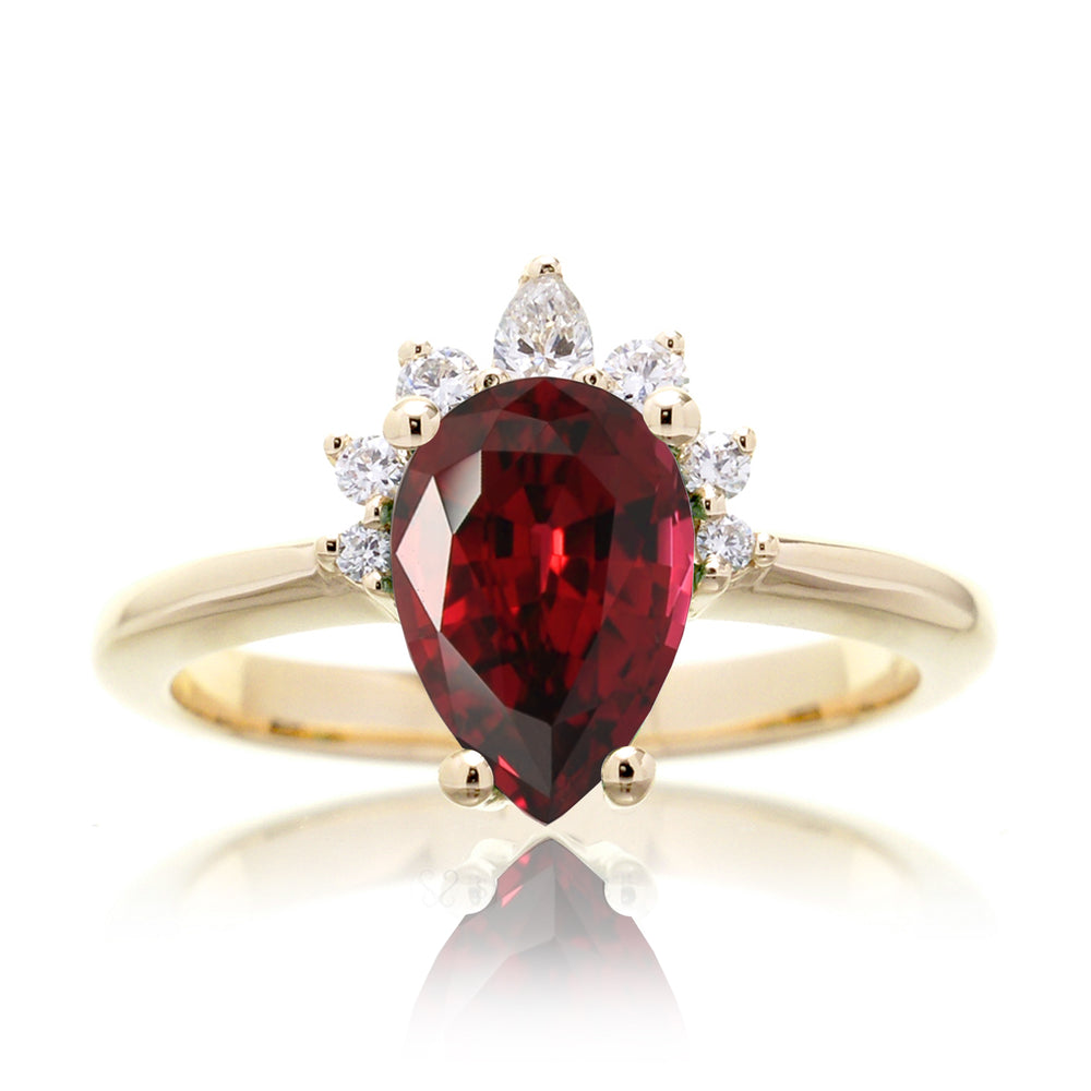 The Pacey Pear Red Ruby Ring Half Diamond Halo Low Starburst