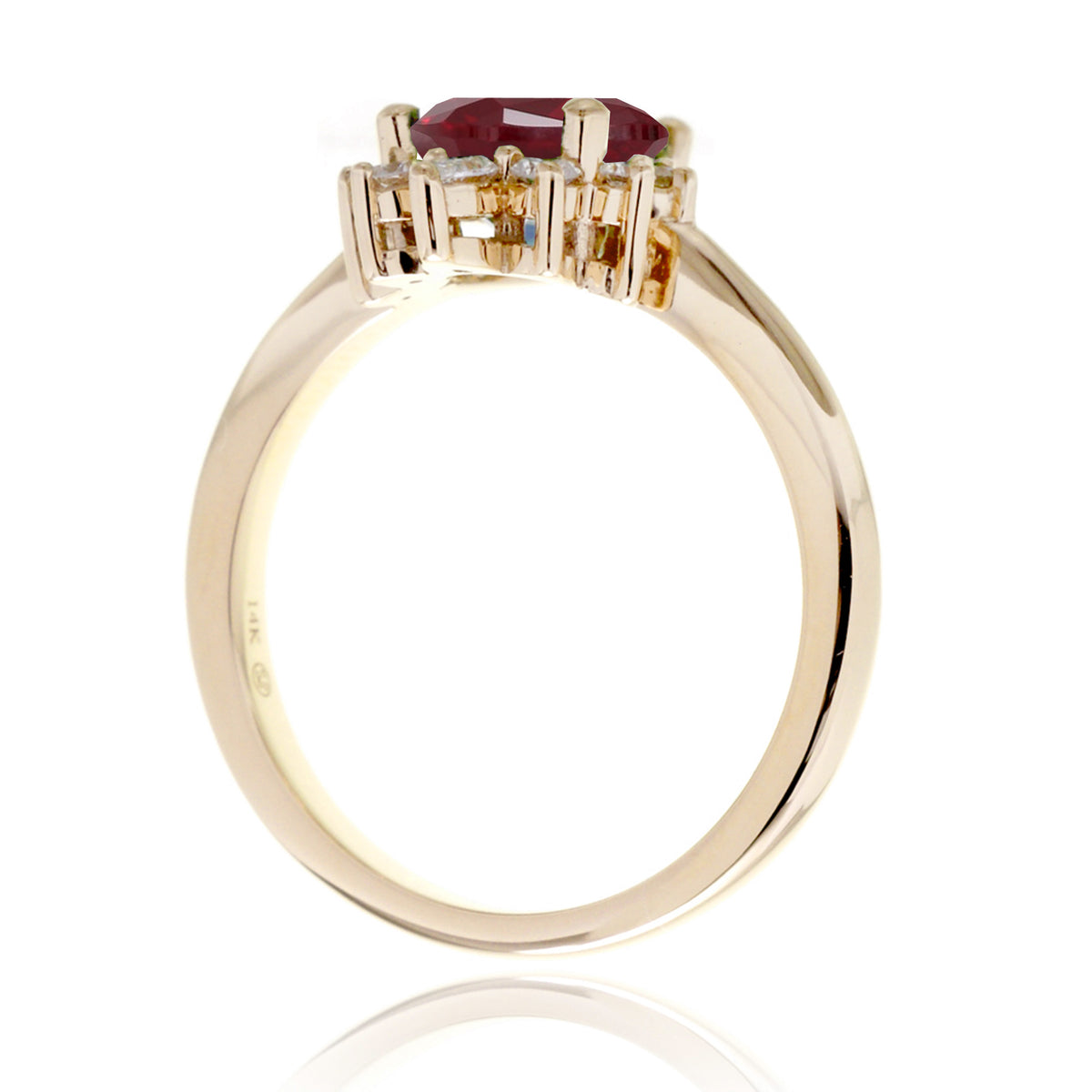 The Pacey Pear Red Ruby Ring Half Diamond Halo Low Starburst