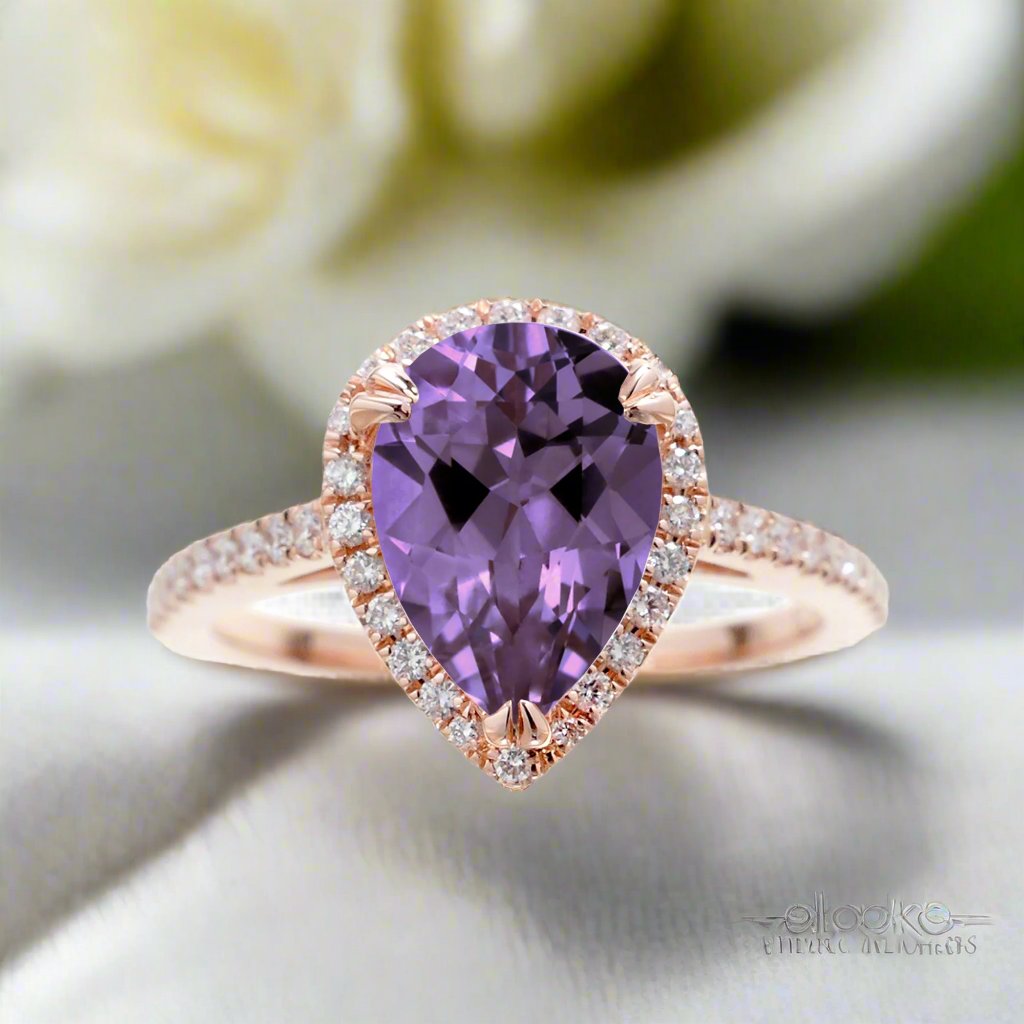 Pear Shape Purple Sapphire Amethyst Engagement Ring With Diamond Halo
