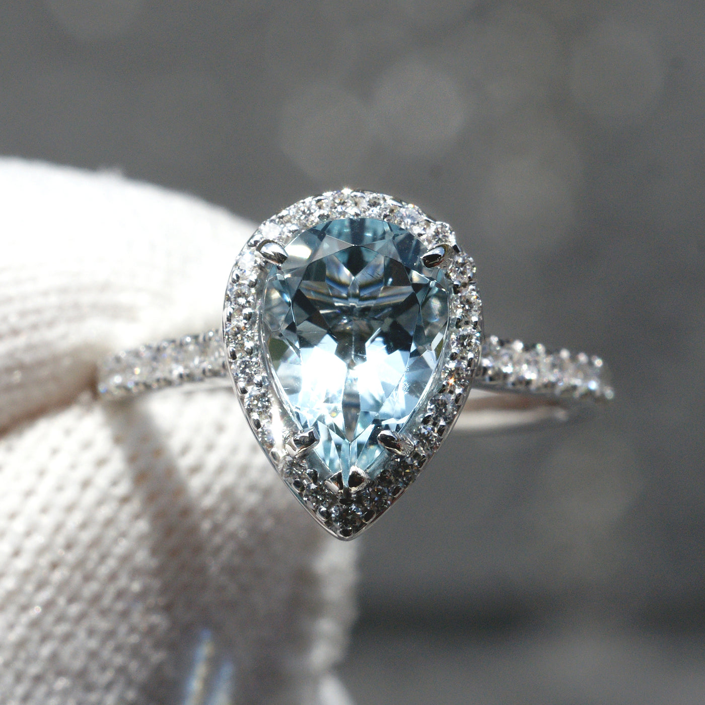 Pear Aquamarine Ring With Diamond Halo 10x7mm 14k White Gold