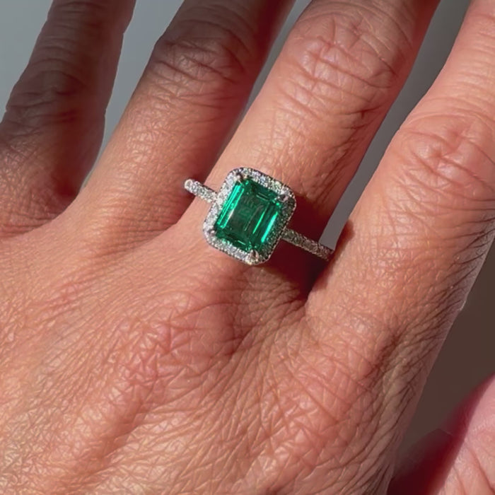 Emerald Cut Green Emerald Engagement Ring With Diamond Halo
