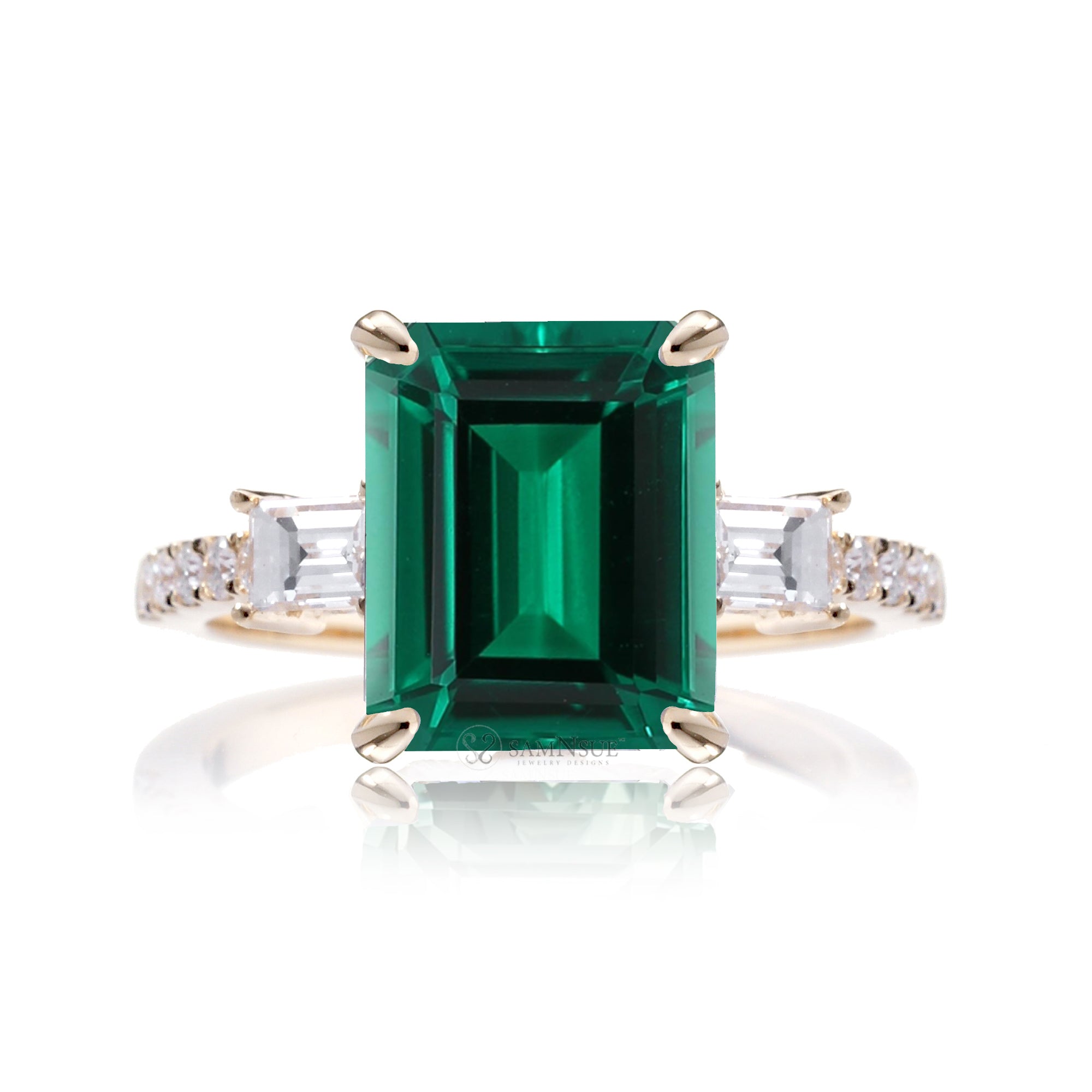 Elegant Emerald Engagement Ring – Step-Cut Center Stone with Diamond ...