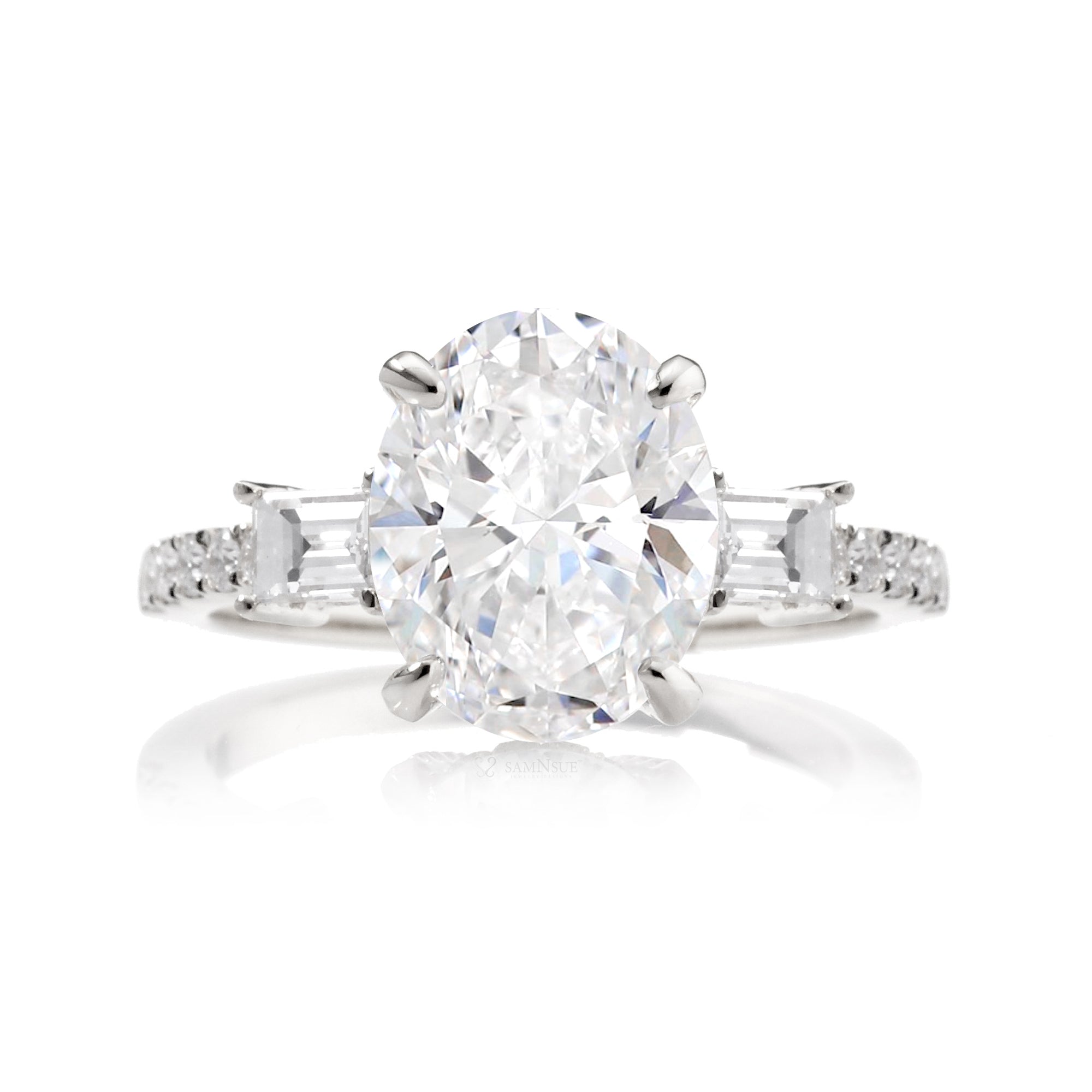 Oval Diamond Engagement Ring With Baguette Diamond Accent Three Stone ...