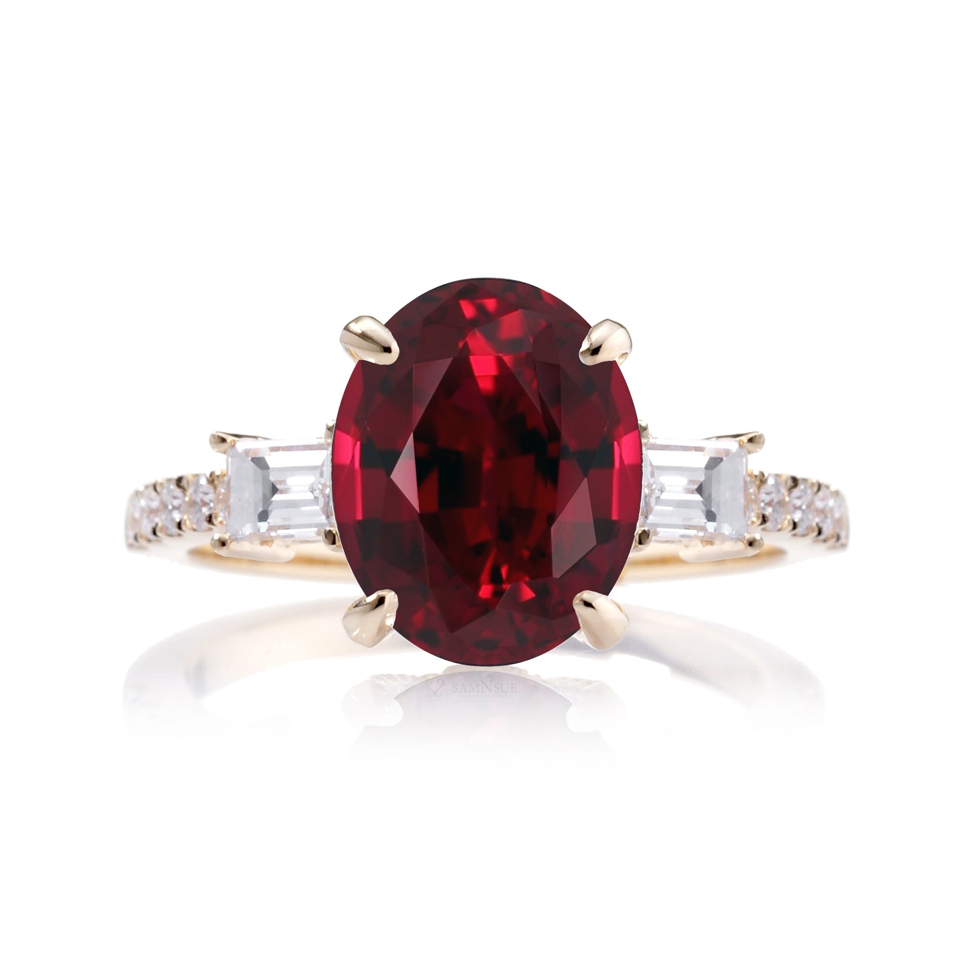 Ruby Oval Cut Ring with Baguette Diamonds – Elegant Fine Jewelry for Her