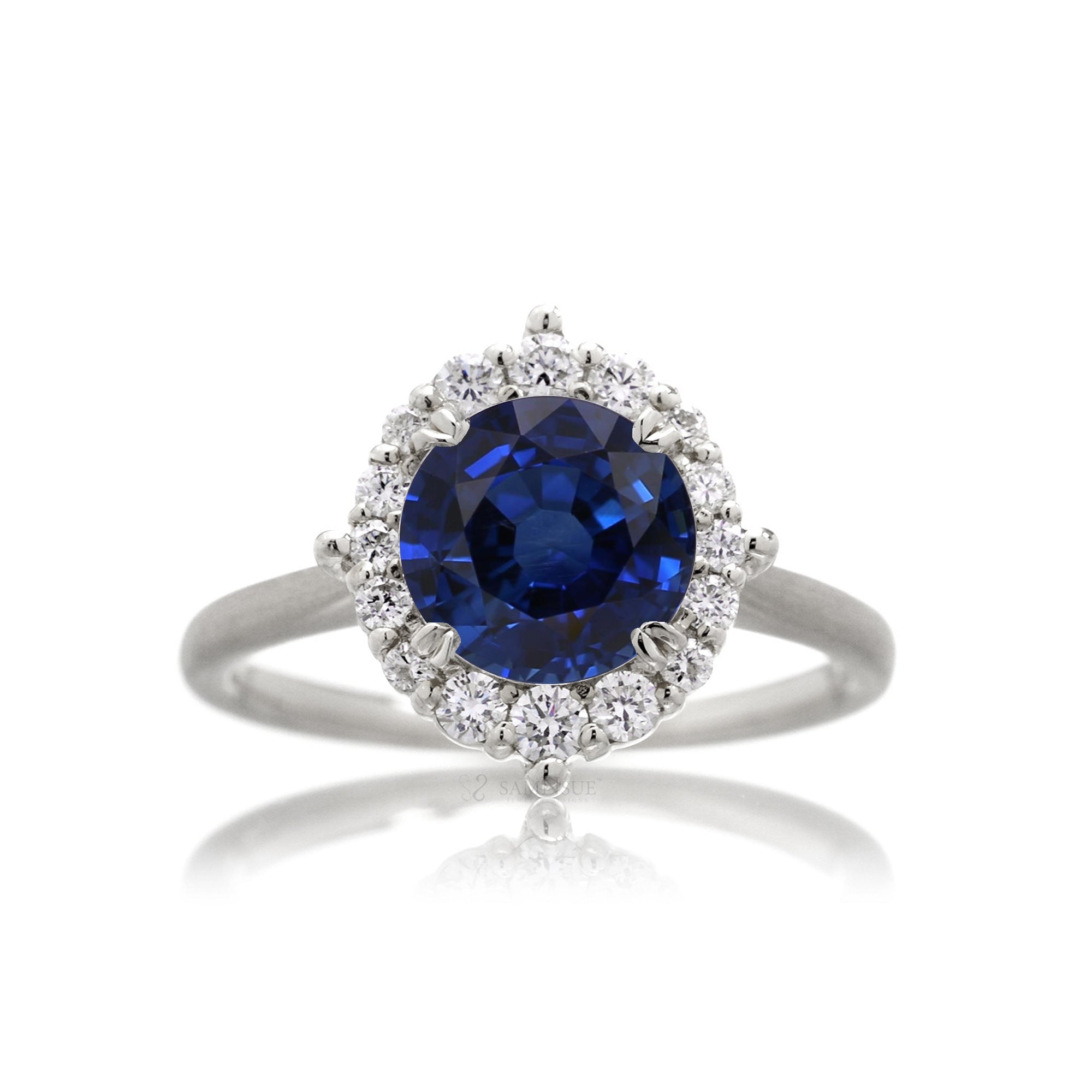 The Haley Round Cut Blue Sapphire Halo Engagement Ring
