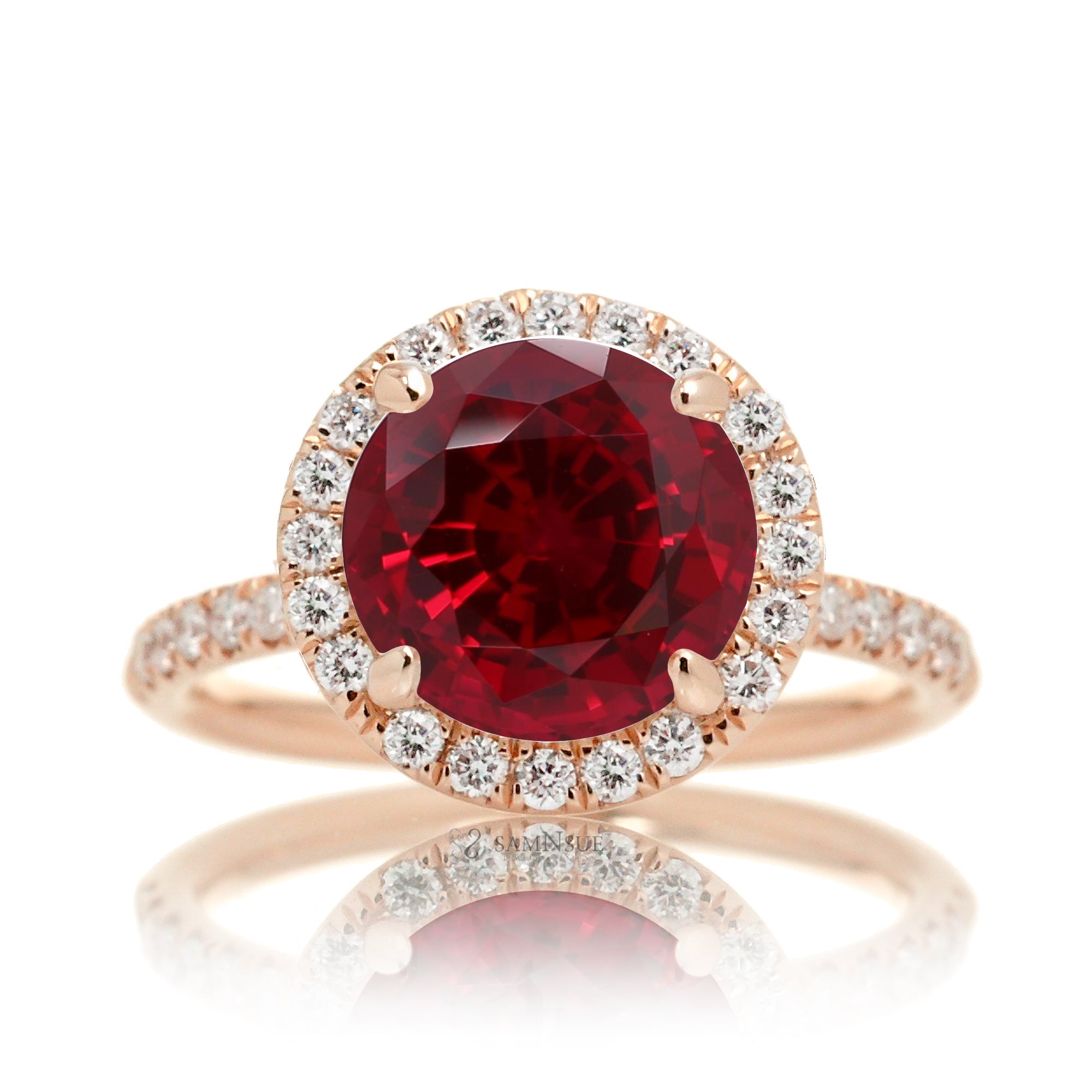 The Drenched Round Brilliant Cut Red Ruby Engagement Ring