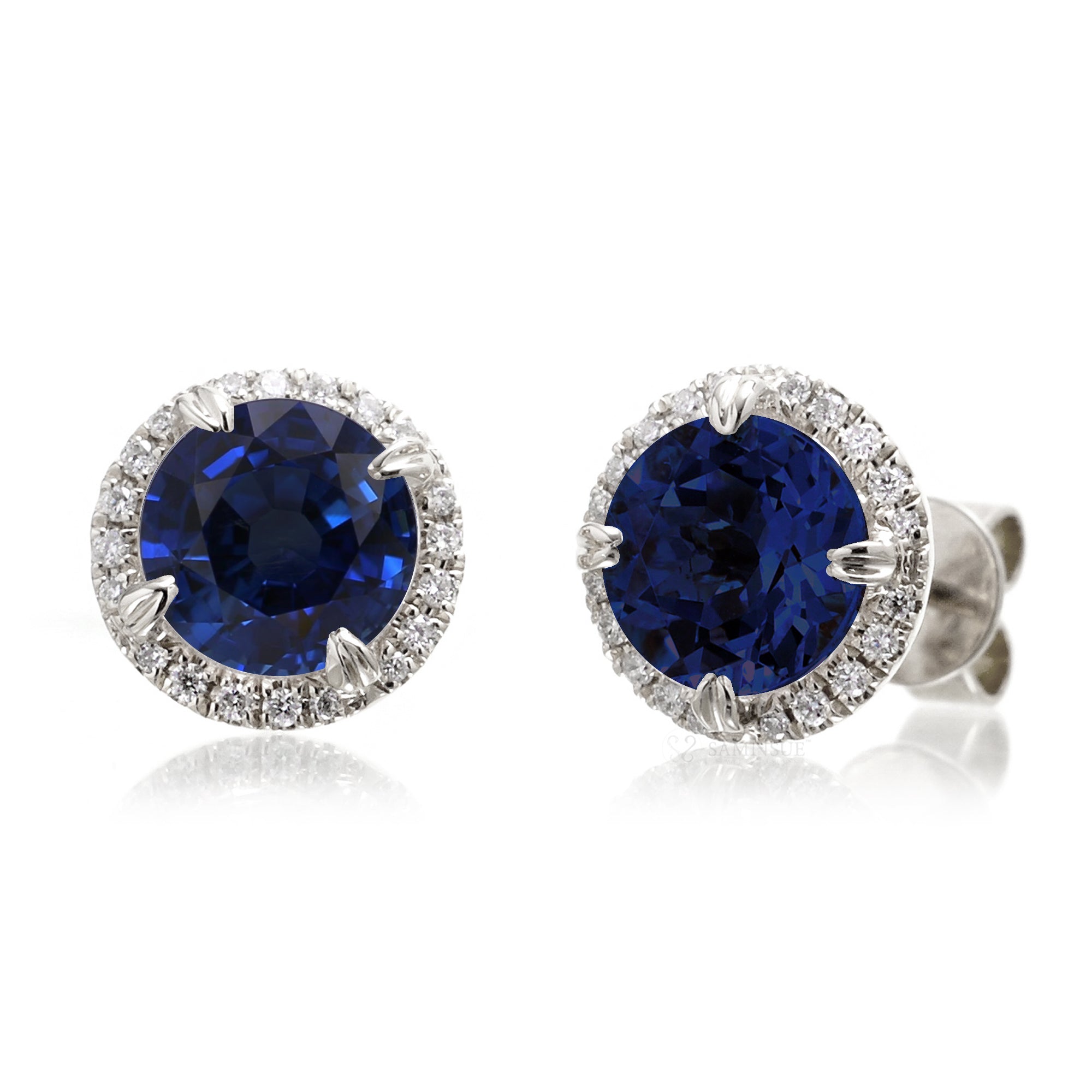 The Signature Round Sapphire Studs Earrings Diamond halo