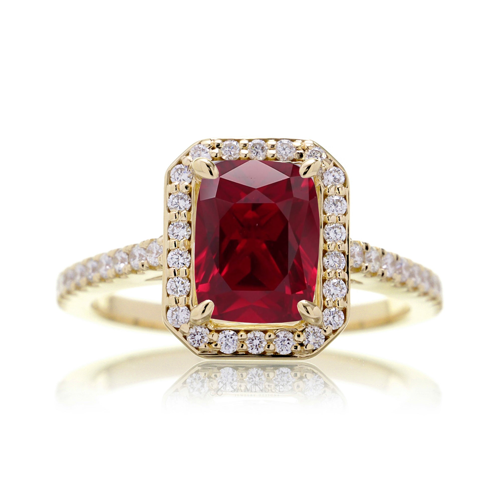 The Steffy Cushion Ruby Diamond Halo Engagement Ring