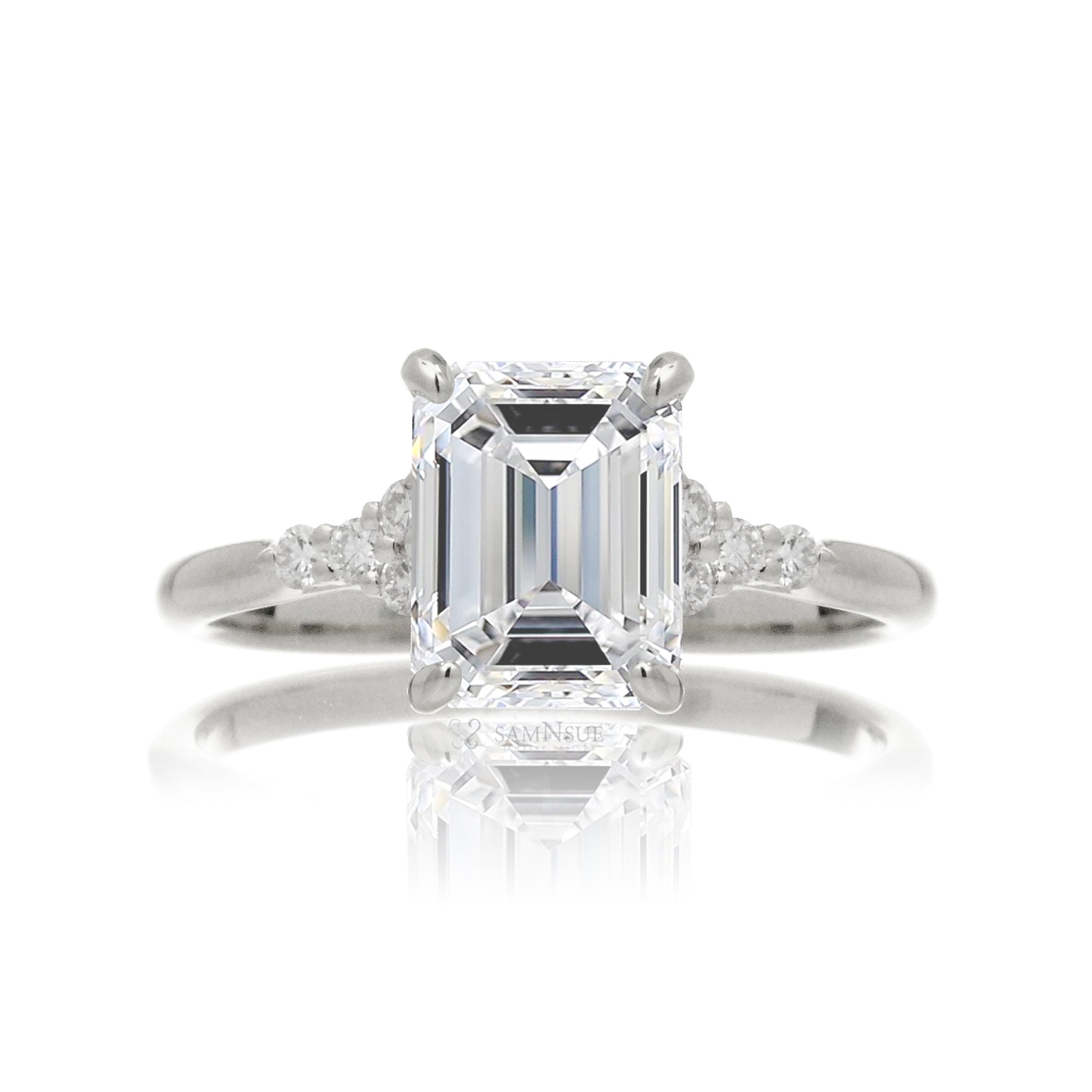 Emerald Cut Solitaire Diamond Engagement Ring Diamond Accent