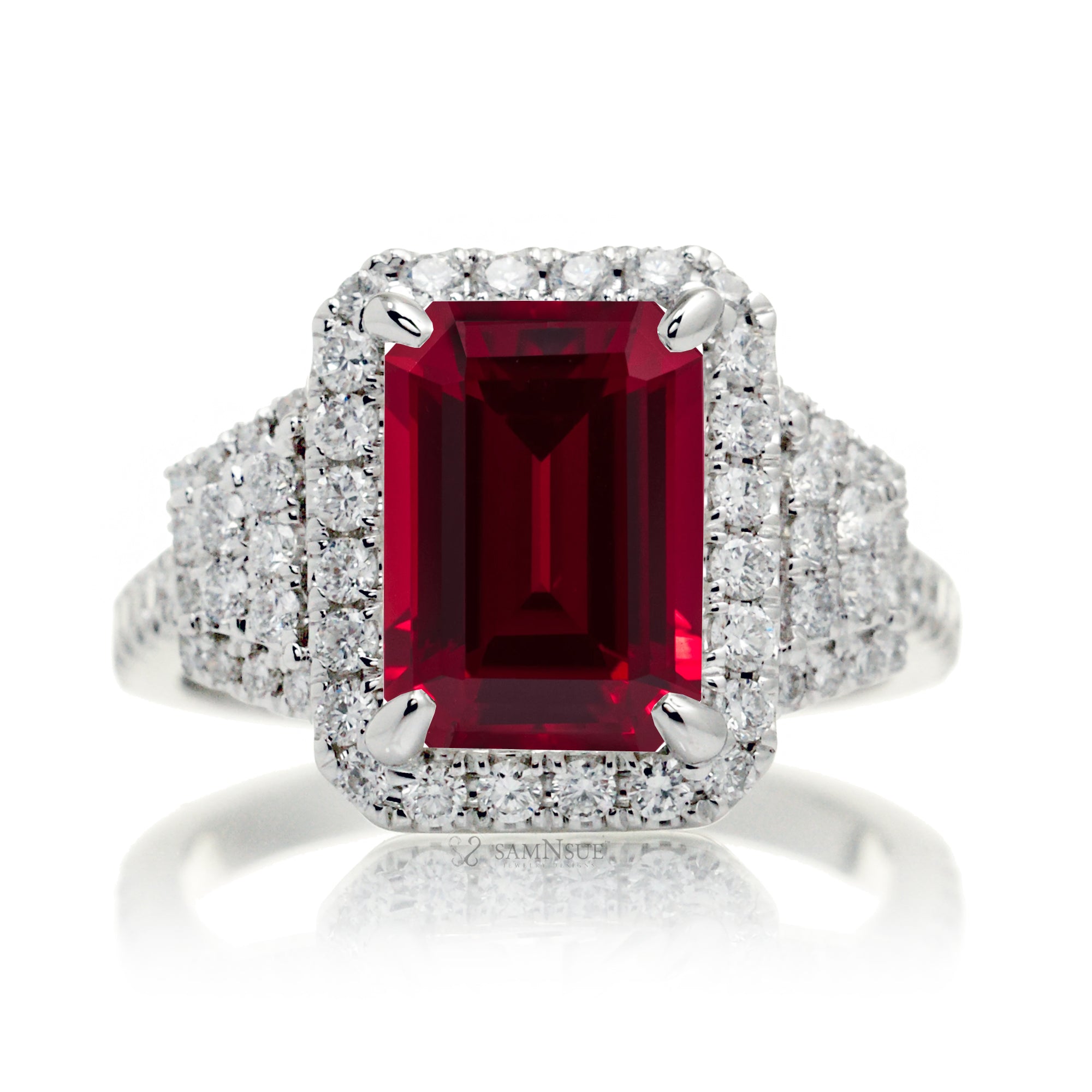 The Taylor Halo Emerald Cut Ruby Ring