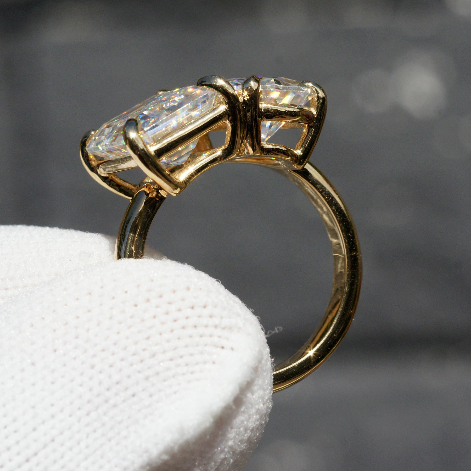 Toi Et Moi Moissanite Ring 18k Yellow Gold - Emerald and Pear Cut (7.4