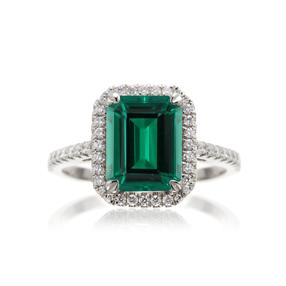 Emerald Cut Green Emerald Engagement Ring With Diamond Halo