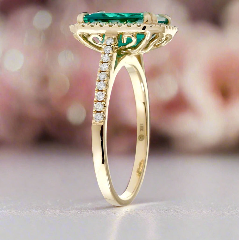 Emerald Cut Green Emerald Engagement Ring With Diamond Halo