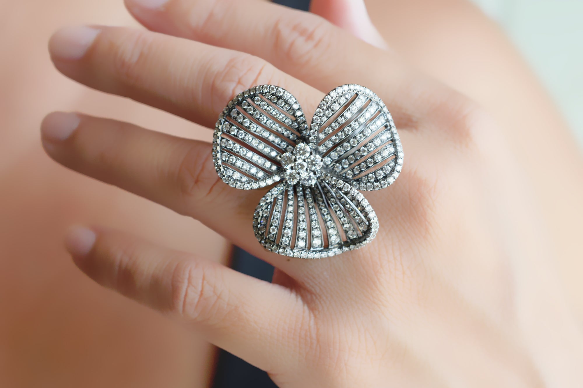 The Liliane Diamond Flower Ring Three Petals With Black Rhodium