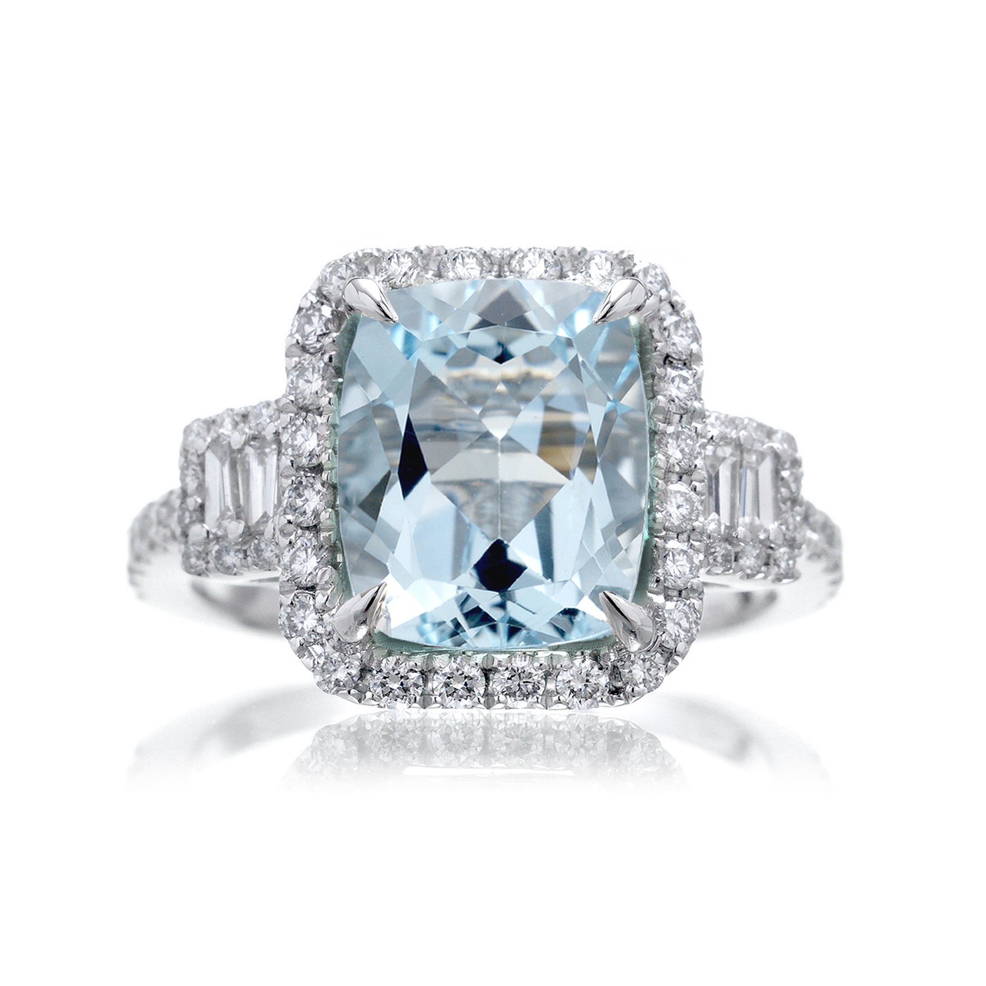 Cali Cushion Cut Aquamarine Engagement Diamond Halo Three Stone Ring