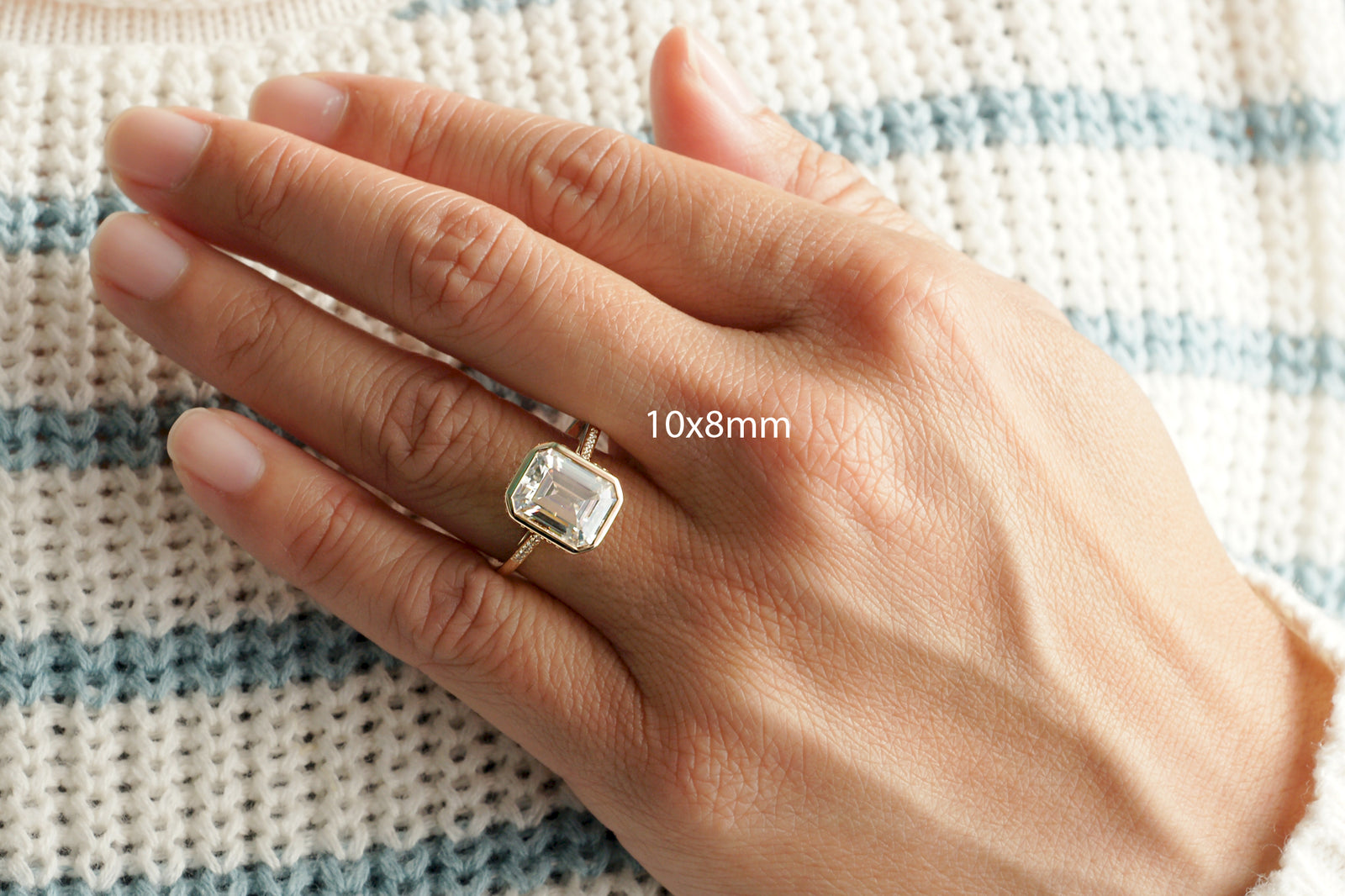 Emerald Step Cut Bezel Solitaire Engagement Ring Diamond Accented Band