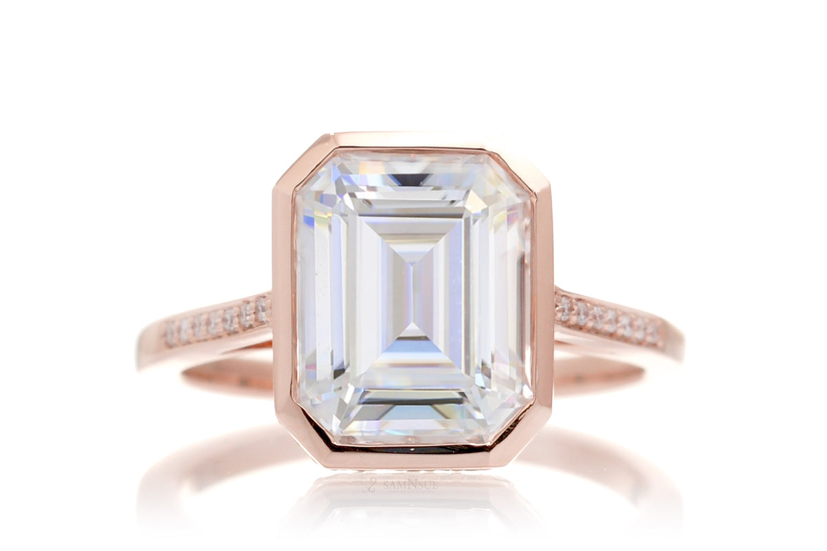 Emerald Step Cut Bezel Solitaire Engagement Ring Diamond Accented Band
