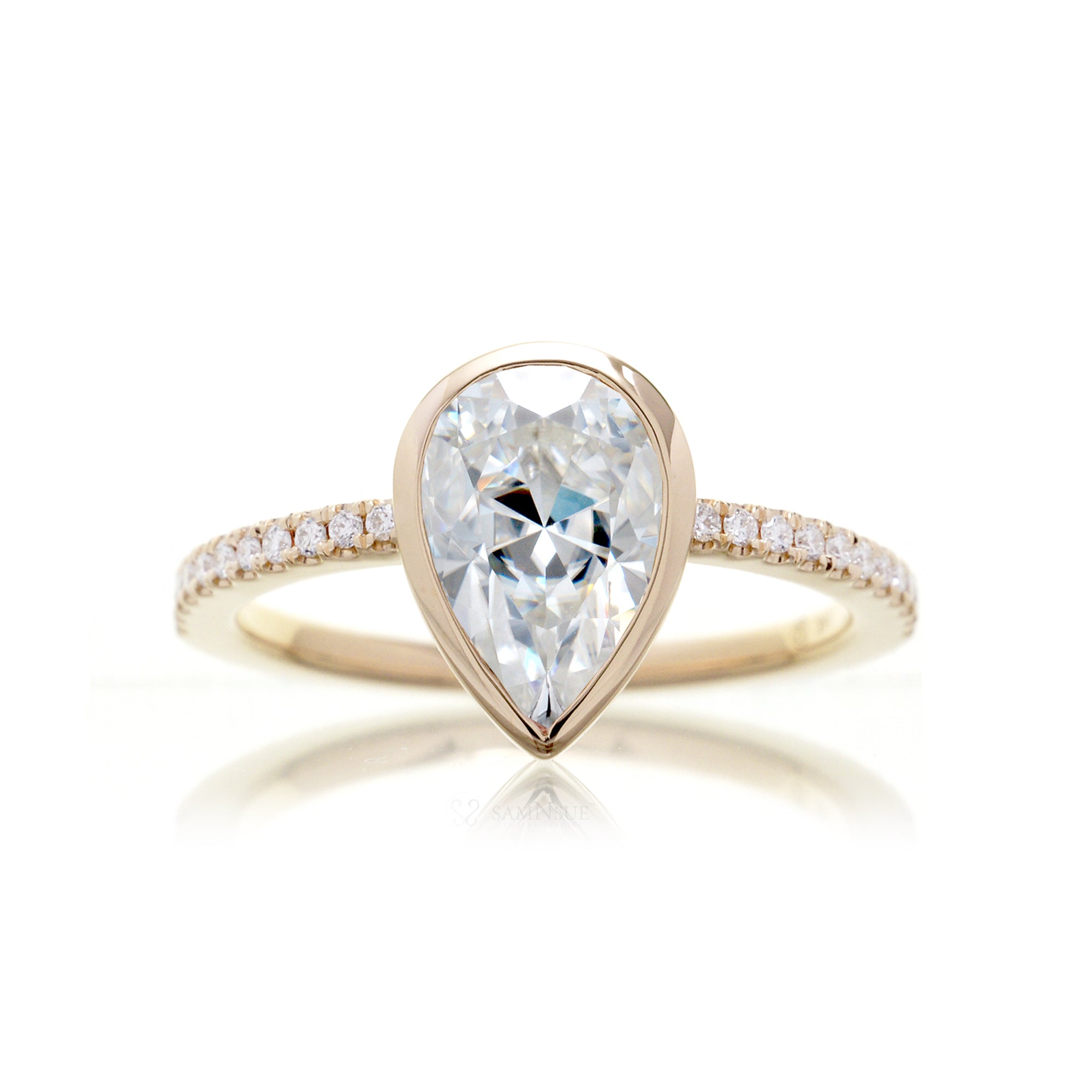 Bezel Pear Moissanite Engagement Ring With Diamond Accent - The Beverly