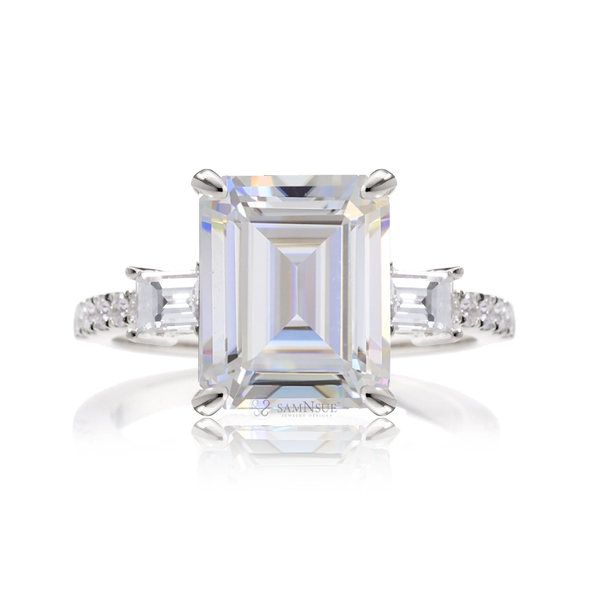 The Rey Emerald Cut Moissanite Engagement Ring With Baguette Diamond Accent