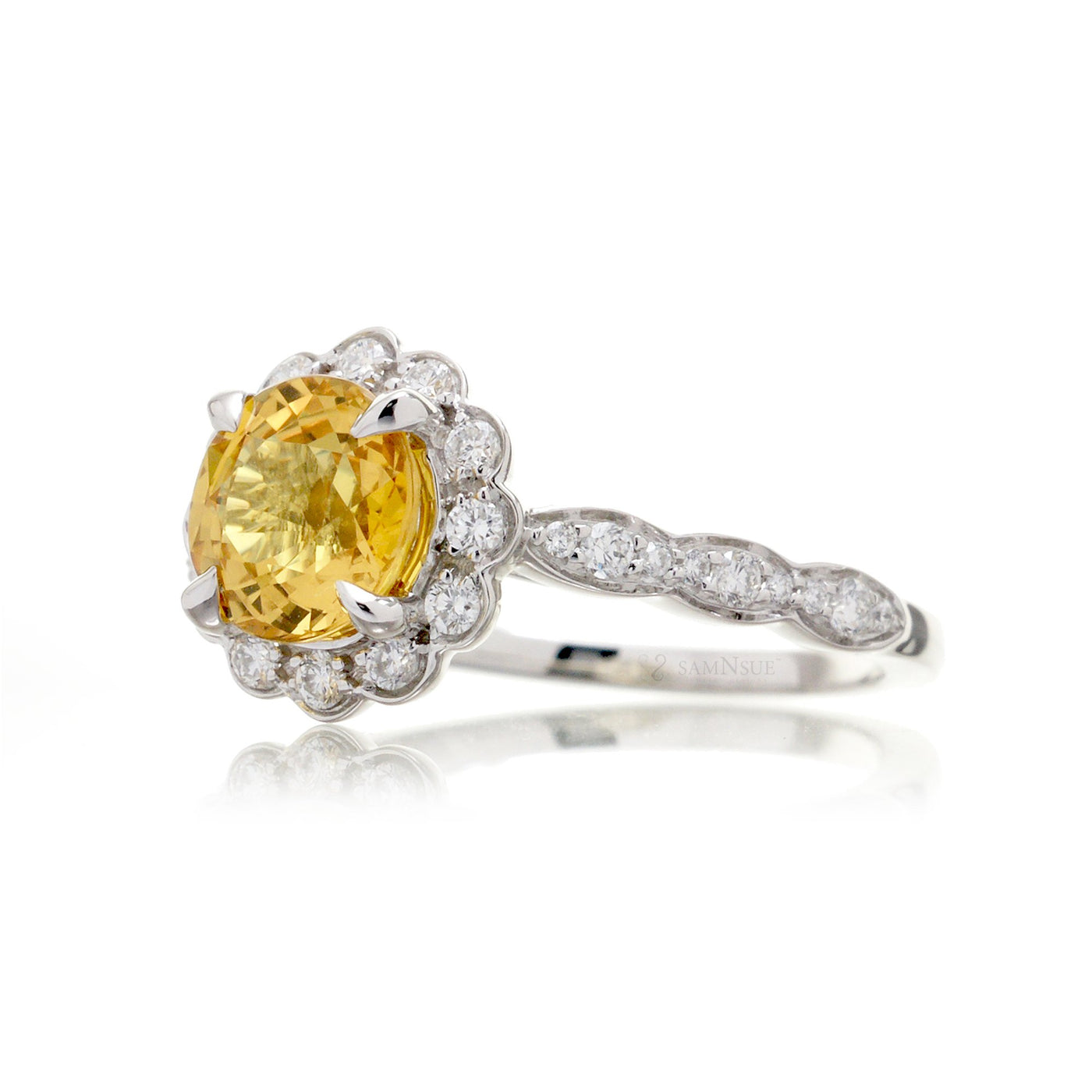 The Scallop Round Yellow Sapphire Diamond Halo Scallop Setting